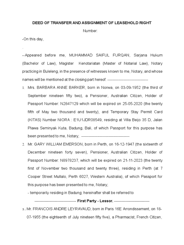 Deed of Transfer and Assignment of Leasehold Right | Download Free PDF ...