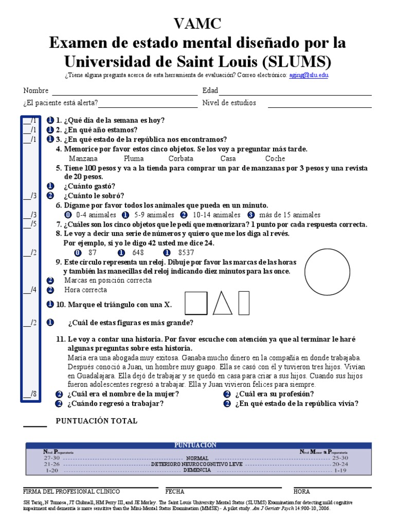 Examen SLUMS en Español para Evaluación Cognitiva | PDF | Ocio