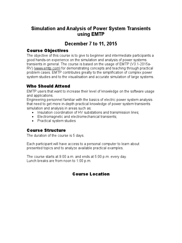 Simulation and Analysis of Power System Transients using EMTP: A Comprehensive 5-Day Course on ...