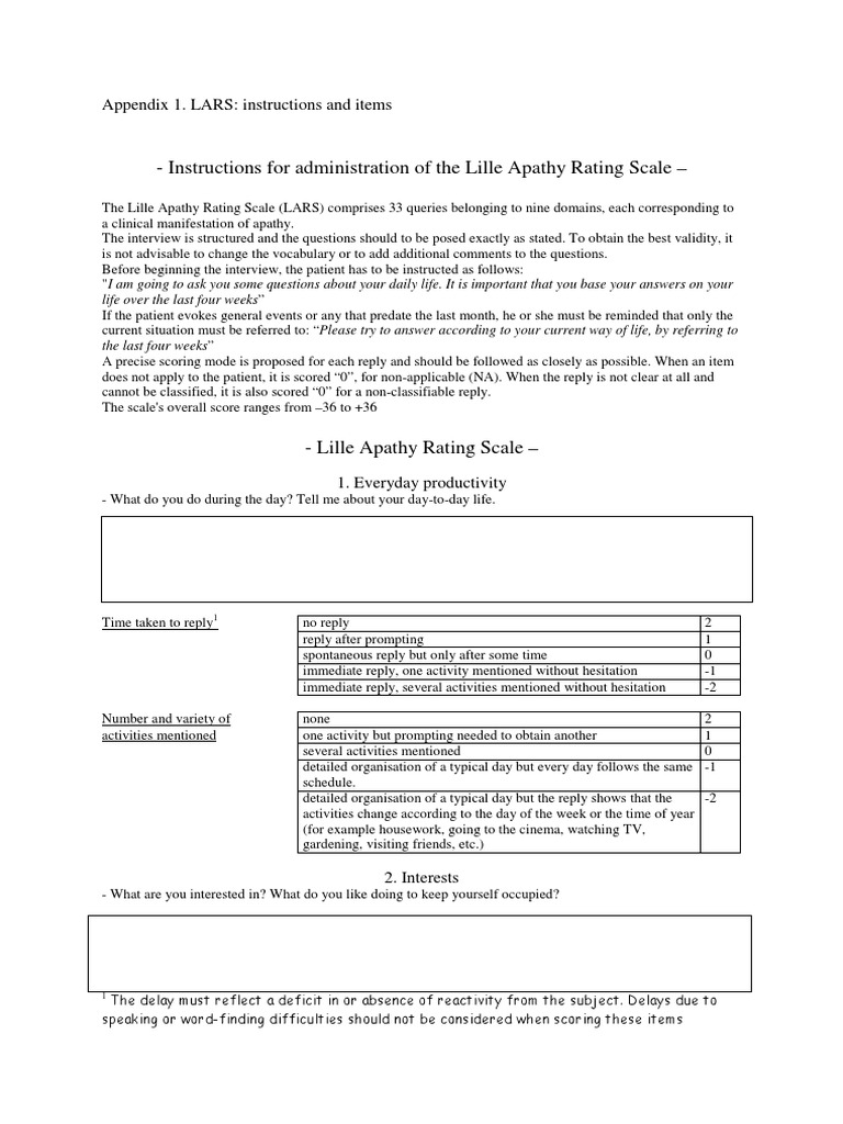 Assessing Apathy: The Lille Apathy Rating Scale (LARS) Instructions and ...