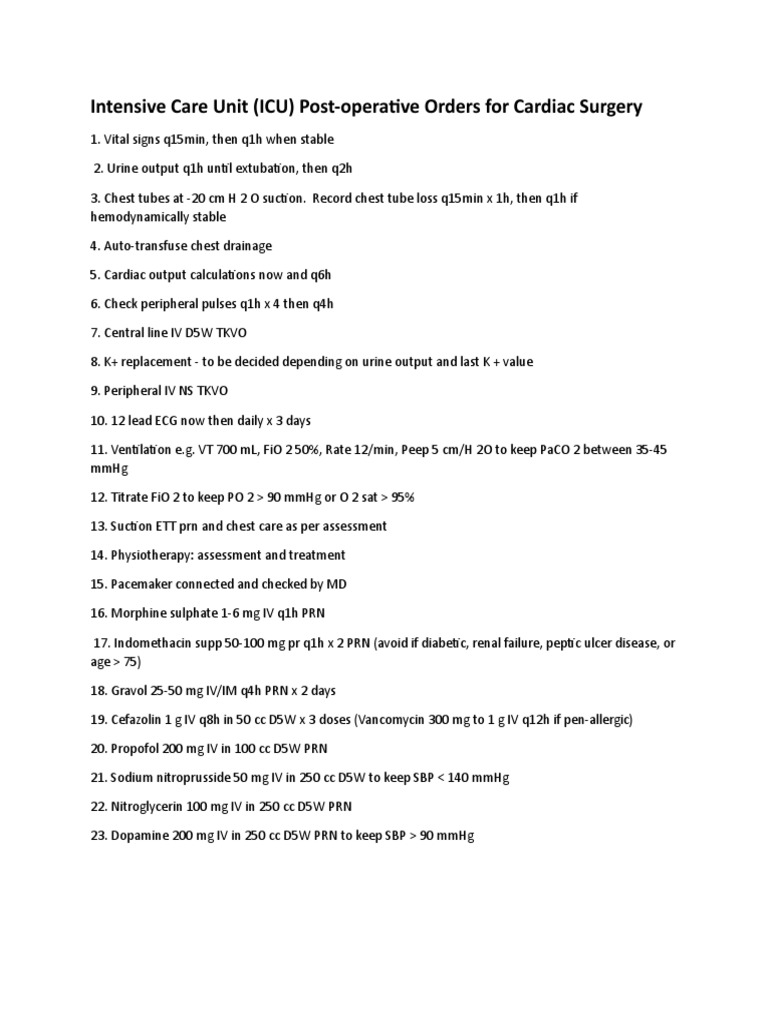 Cardiac Post Opt Orders | PDF