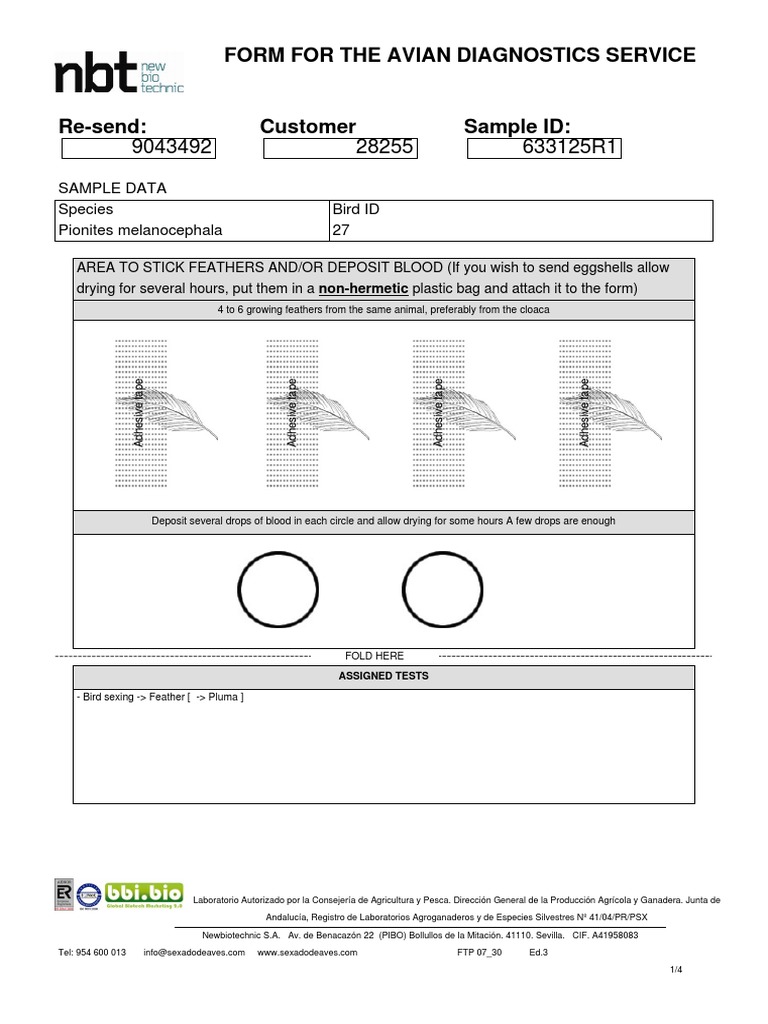 Form For The Avian Diagnostics Service: Sample Data Species Pionites ...