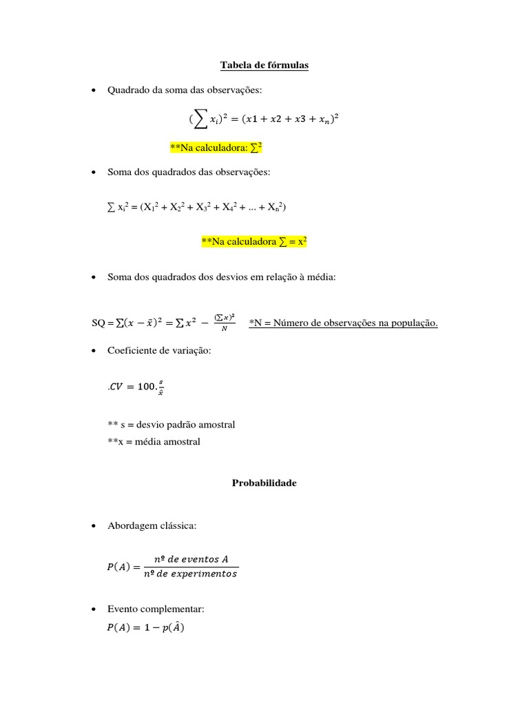 Fórmulas estatísticas fundamentais para análise de dados | PDF ...