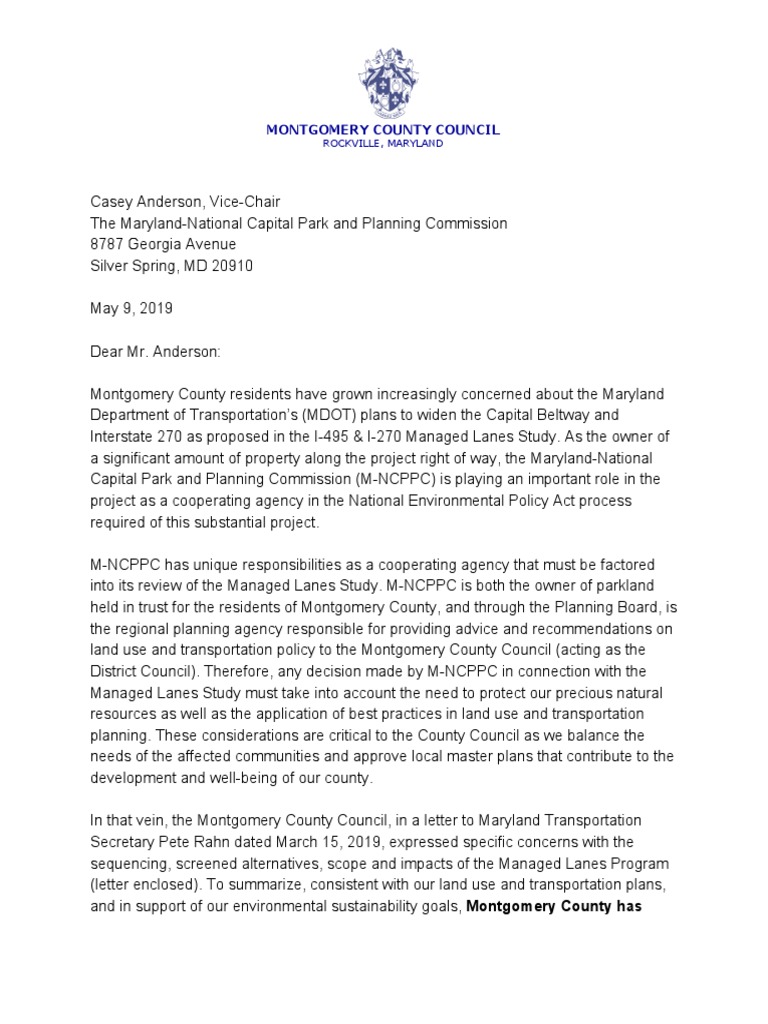 Council Letter To M-NCPPC | PDF | Road Transport | Transport