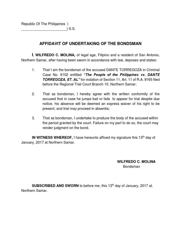 Affidavit of Undertaking of The Bondsman | PDF