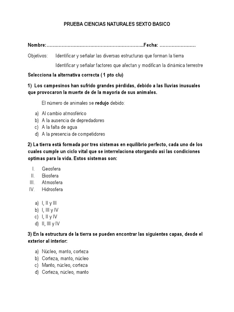 Prueba de Ciencias Naturales 6° Básico | PDF | Estructura de la tierra ...