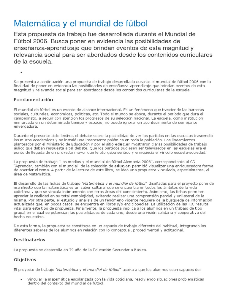 Matemática y El Mundial de Fútbol | PDF | Evaluación | Aprendizaje