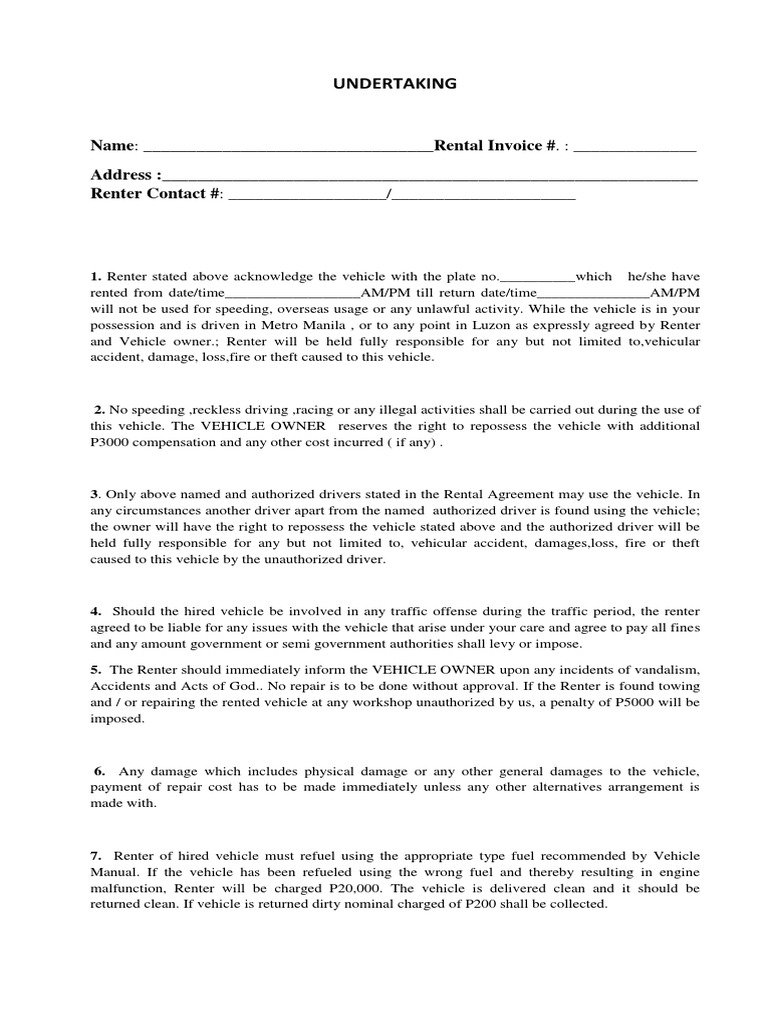 Car Rental Undertaking Form 1 | PDF | Traffic Collision | Transport