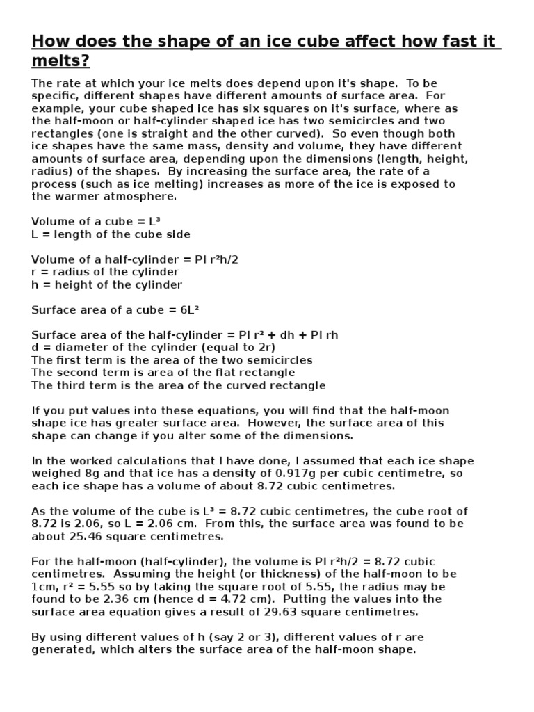 How Does The Shape of An Ice Cube Affect How Fast It Melts | PDF ...