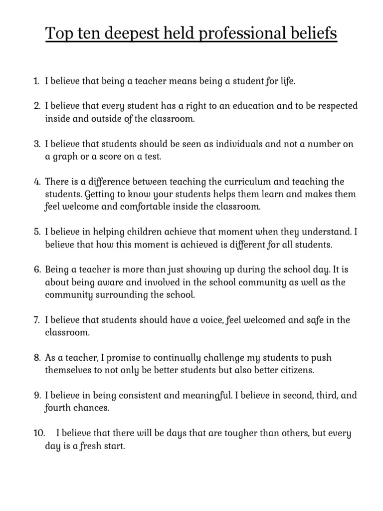 Top 10 Professional Teaching Beliefs | PDF | Career & Growth | Wellness