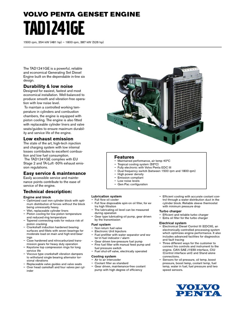 TAD1241GE: Volvo Penta Genset Engine | PDF | Turbocharger | Cylinder ...