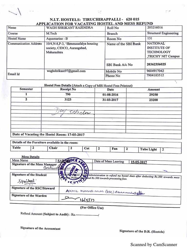 NIT Trichy Hostel Vacating | PDF