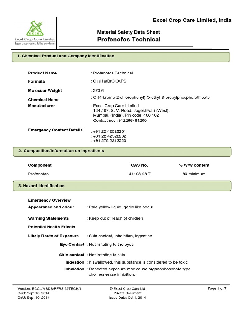 MSDS Profenofos Technical (CELCRON) | PDF | Toxicity | Dangerous Goods
