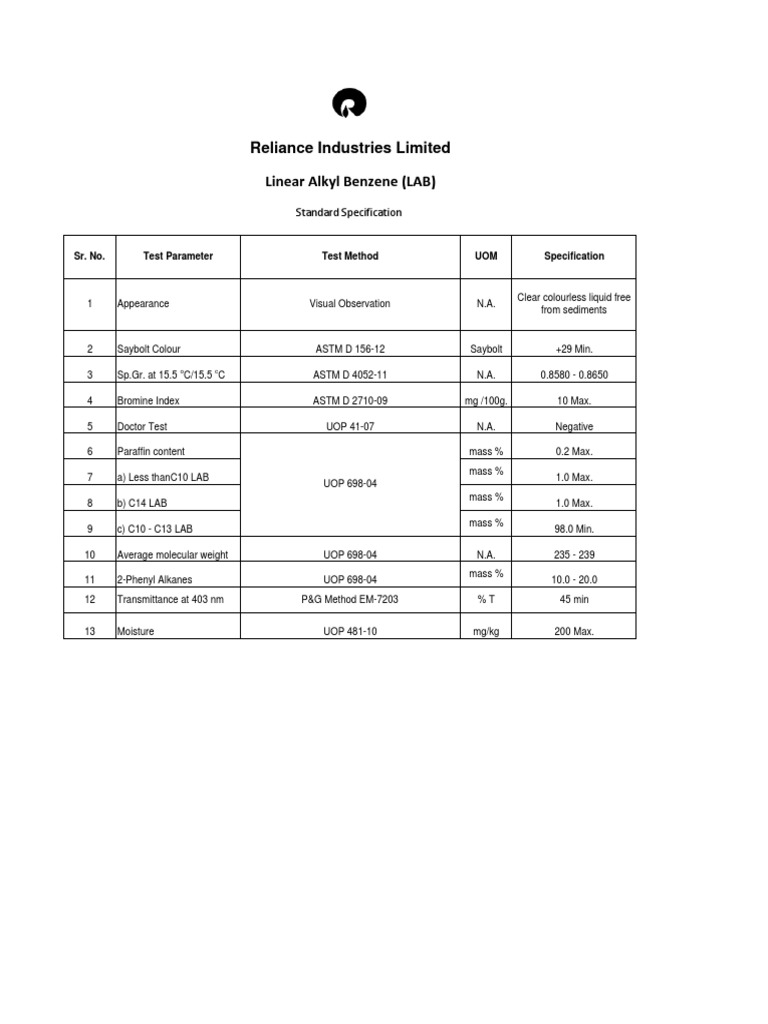 Reliance Industries Limited Linear Alkyl Benzene (LAB) : Standard ...