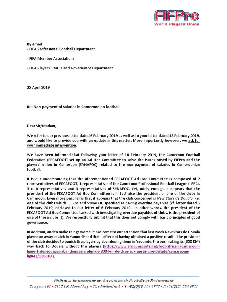 Fifpro Letter To Fifa Cameroon 25042019 | PDF | Fifa | Cameroon
