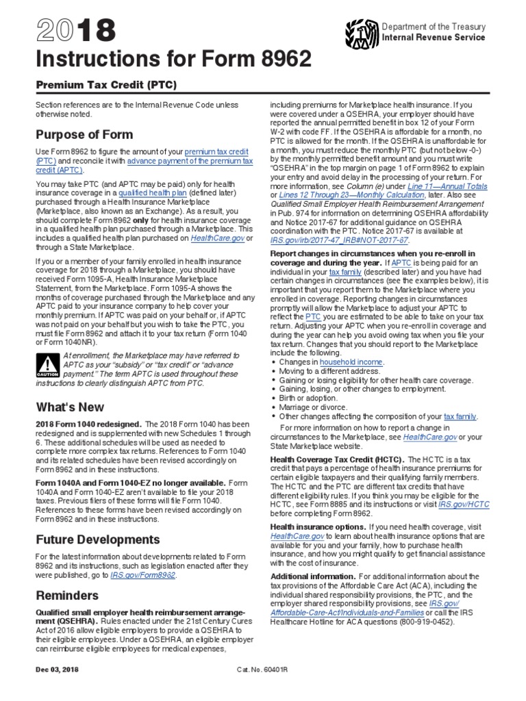 Instructions For Form 8962 | PDF | Irs Tax Forms | Services (Economics)