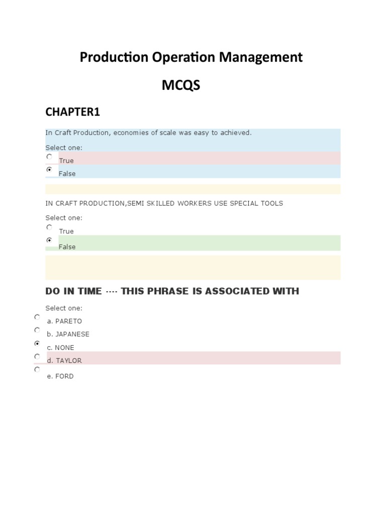 Production Operations Management MCQs | PDF | Strategic Management ...