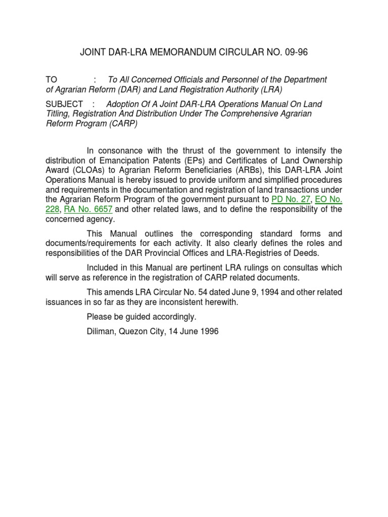 Joint DAR-LRA Memorandum Circular | PDF