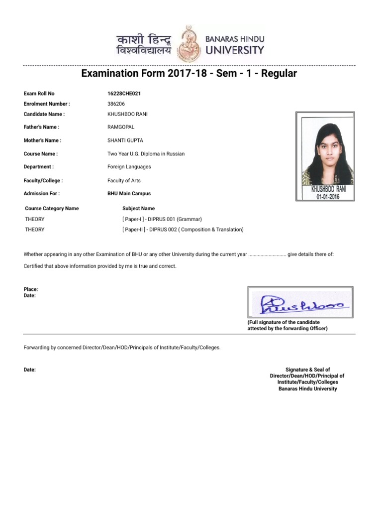 Examination Form 2017-18 - Sem - 1 - Regular | PDF