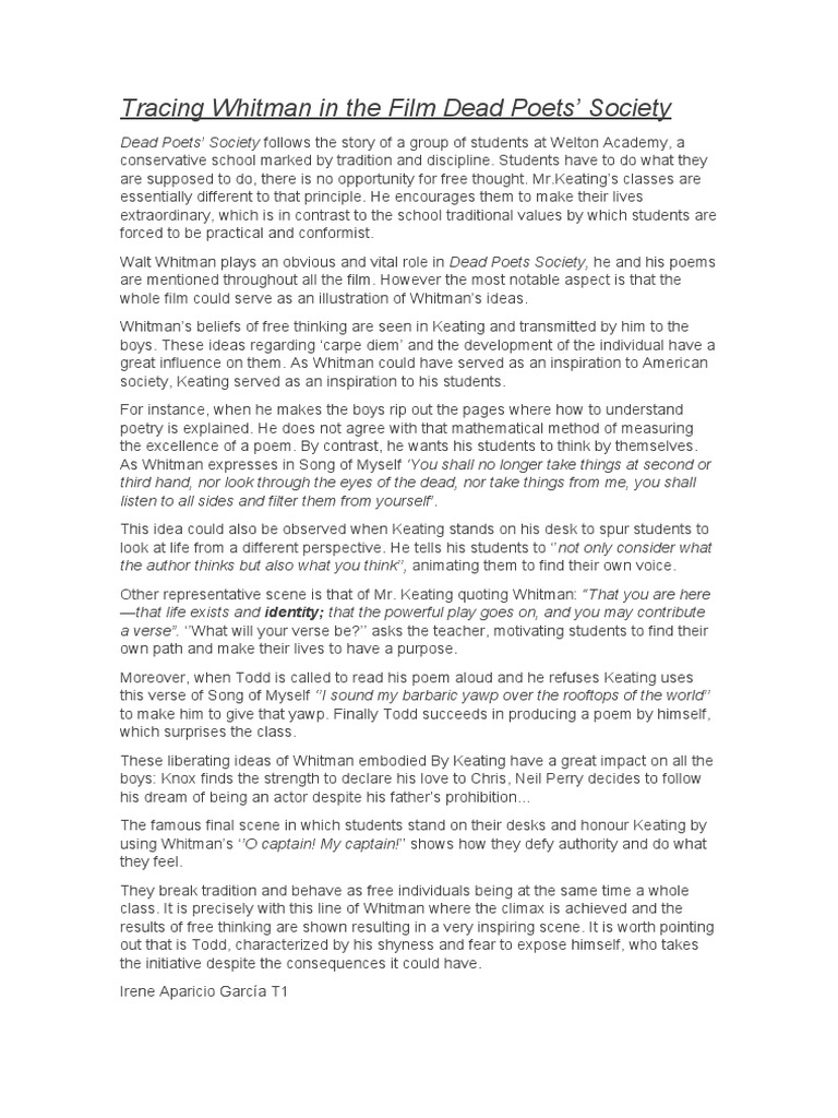 Tracing Whitman in The Film Dead Poets' Society | PDF | Poetry