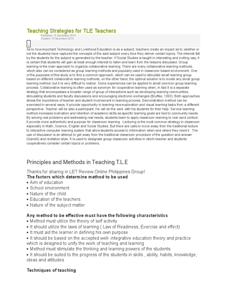 Teaching Strategies For TLE Teachers | PDF | Educational Assessment ...