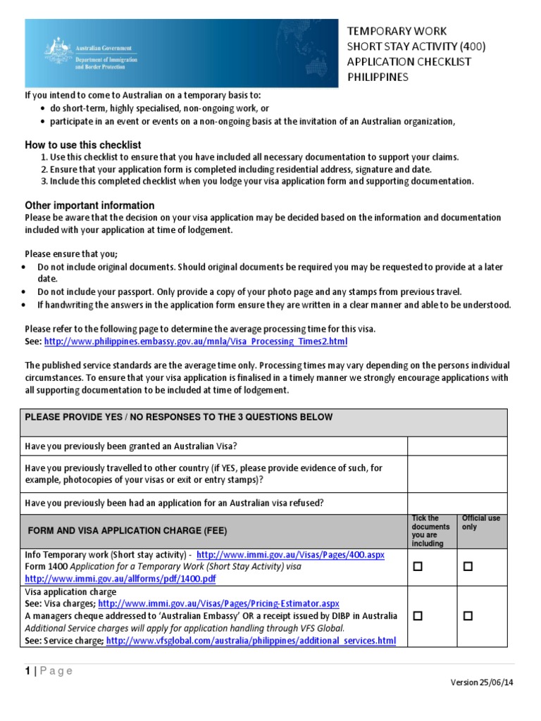 Subclass 400 Visa Application Checklist | PDF | Travel Visa | Passport