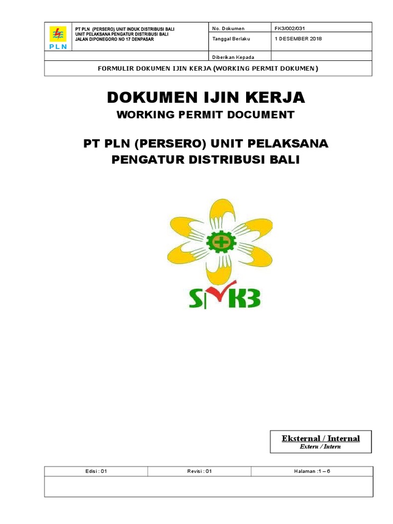Formulir Ijin Kerja PT PLN Bali | PDF
