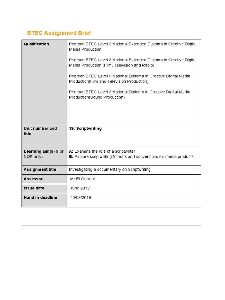 Unit 19 Laa Lab Assignment Brief Pdf Screenwriting Diploma