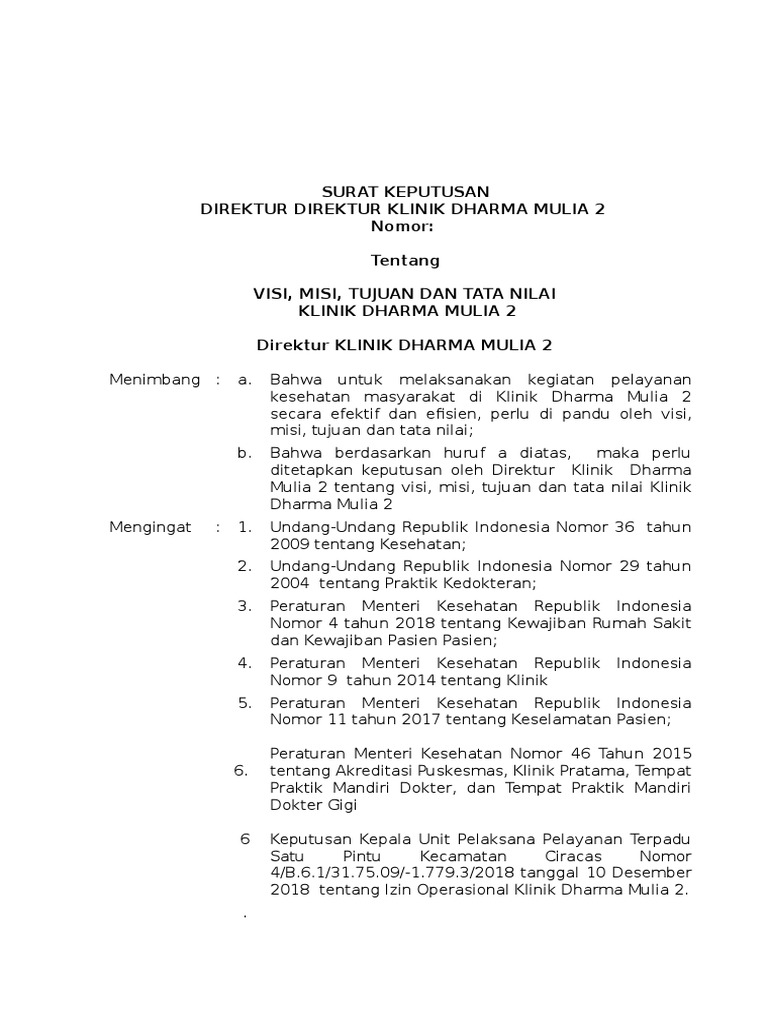 SK Visi Misi Tata Nilai Dan Tujuan Klinik | PDF