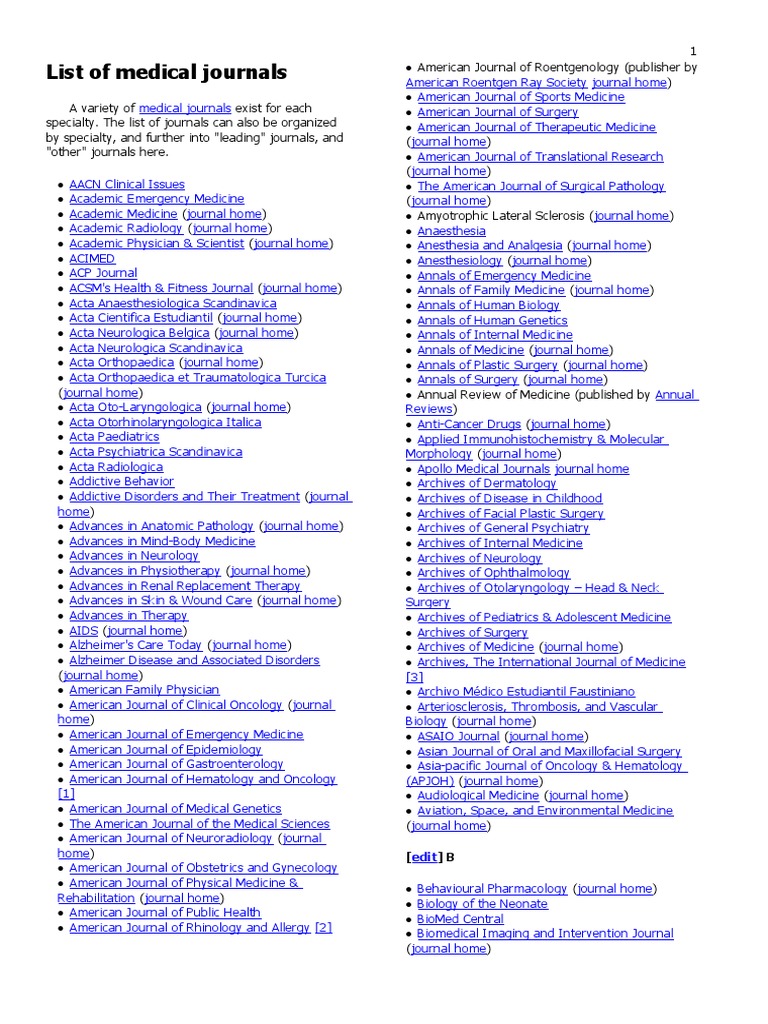 List of Medical Journals | PDF | Physical Therapy | Pathology