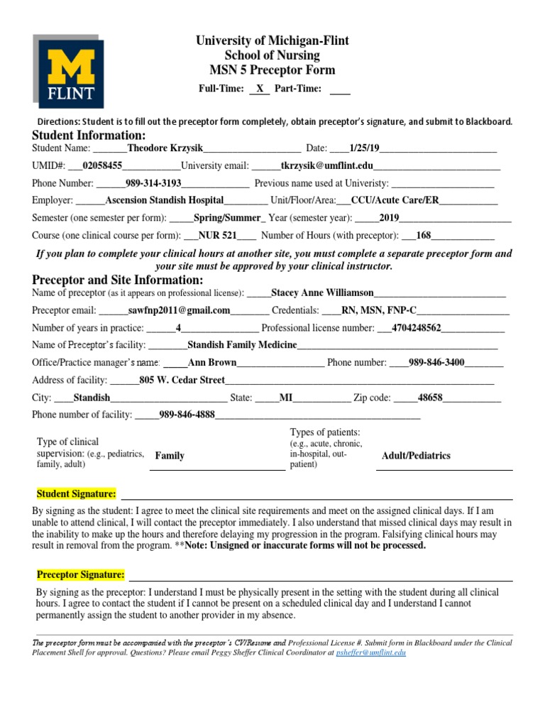 University of Michigan-Flint School of Nursing MSN 5 Preceptor Form ...