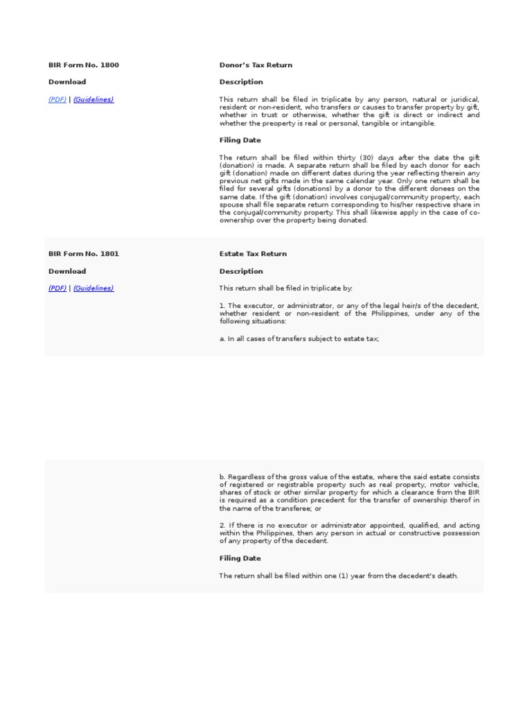 BIR Form No. 1800 Download Donor's Tax Return Description: (Guidelines ...