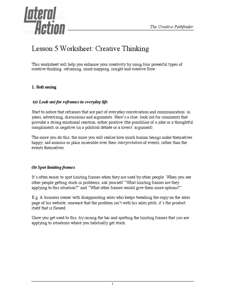 Lesson 5 Worksheet: Creative Thinking: 1. Reframing | PDF | Creativity ...