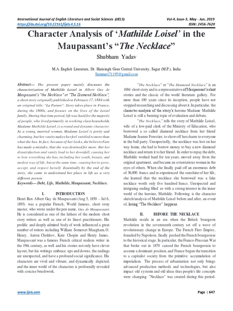 Character Analysis of Mathilde Loisel' in The Maupassant's "The Necklace"