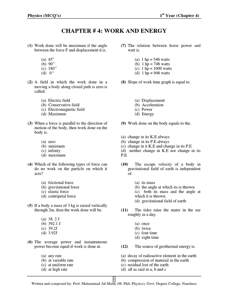 Chapter # 4: Work and Energy | PDF | Force | Momentum