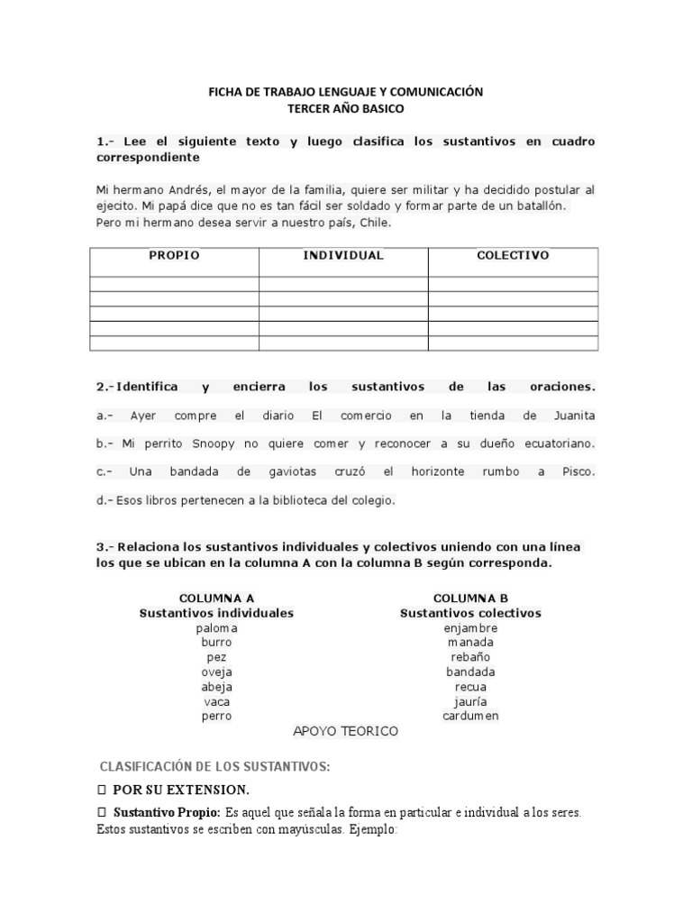 Ficha de Trabajo Lenguaje y Comunicacion | PDF | Sustantivo