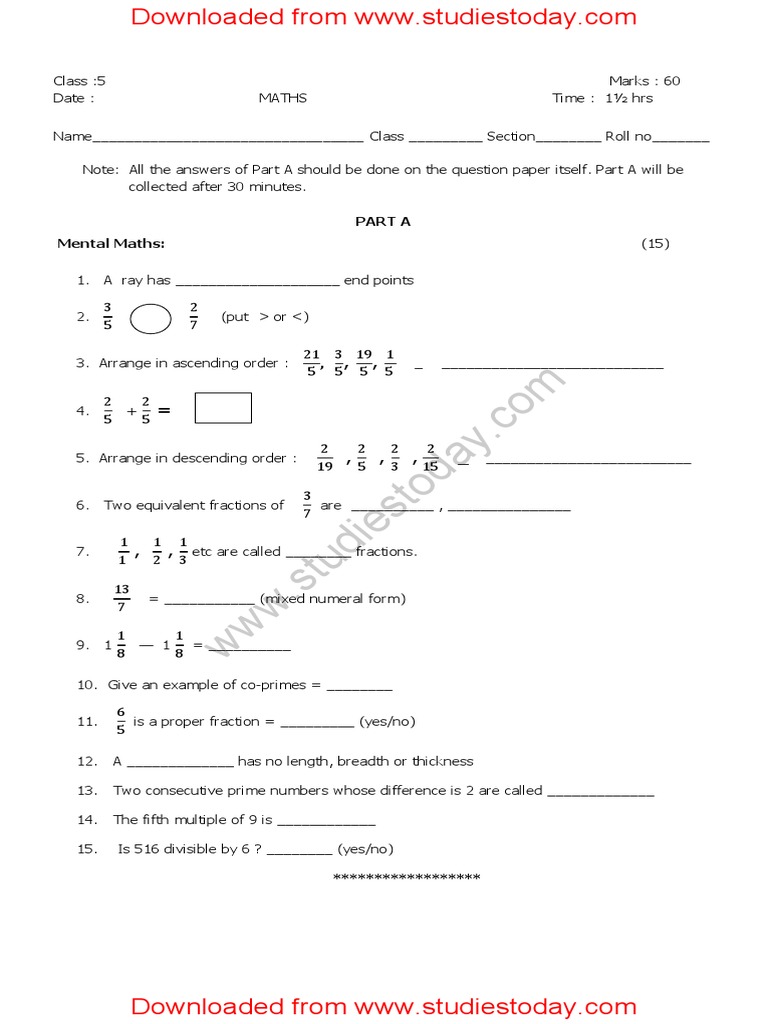 CBSE Class 5 Mathematics Sample Paper Set F | PDF | Elementary ...