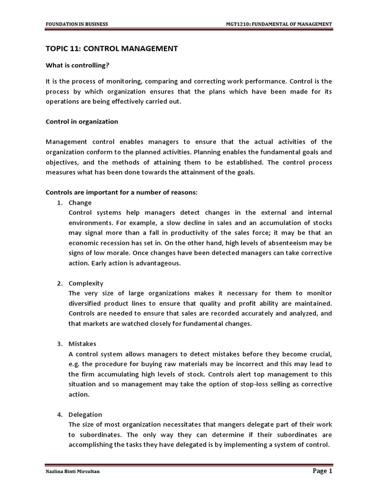 Topic 11: Control Management: What Is Controlling? | PDF | Goal | Cognition