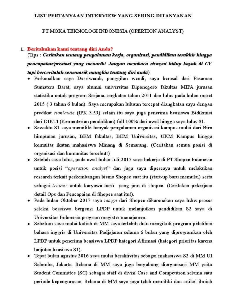 Bahan Interview PT Moka Pos | PDF