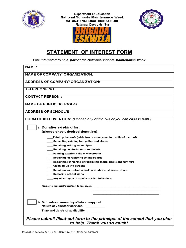 Statement of Interest Form: I Am Interested To Be A Part of The ...