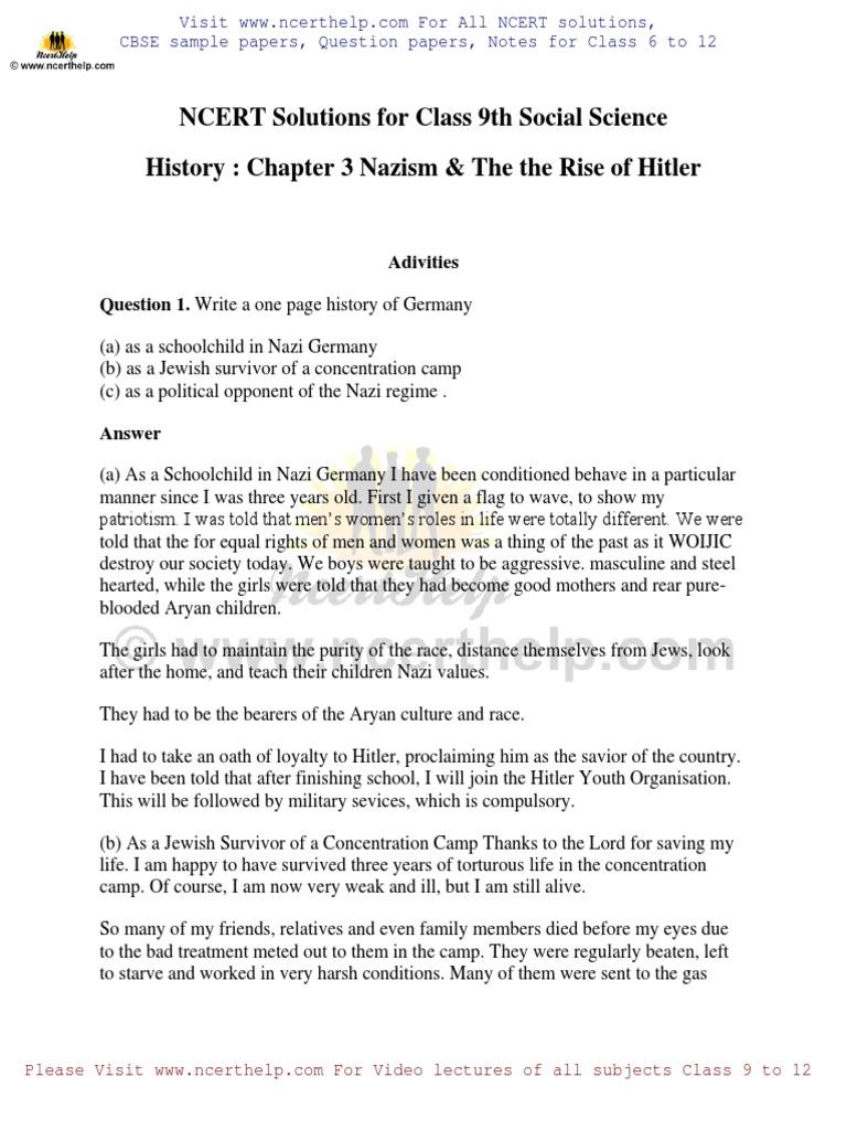 NCERT Solutions For Class 9th Social Science History: Chapter 3 Nazism ...