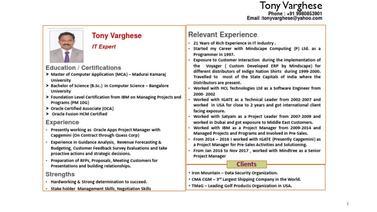 Tony Varghese - Profile | PDF | Oracle Corporation | Science And Technology