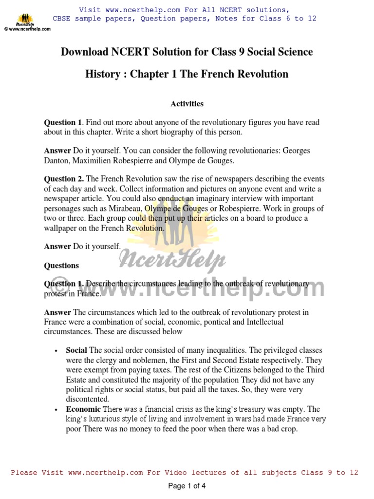 NCERT Solution For Class 9 Social Science History: Chapter 1 The French ...