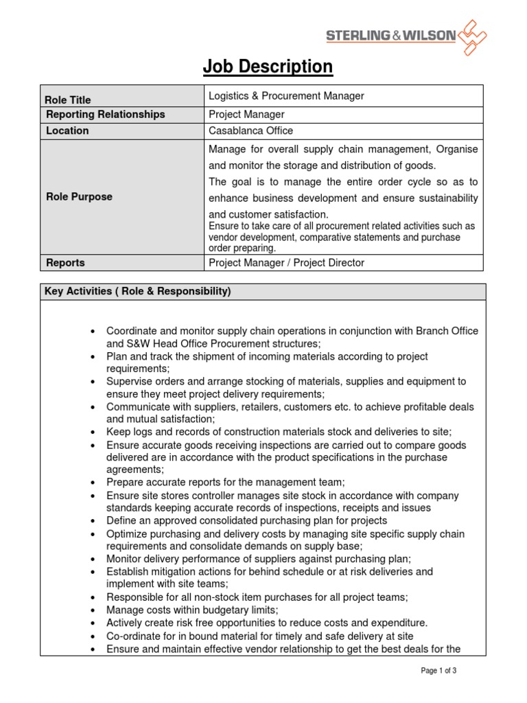 JOb Description - Logistics Procurement Manager | PDF | Supply Chain ...