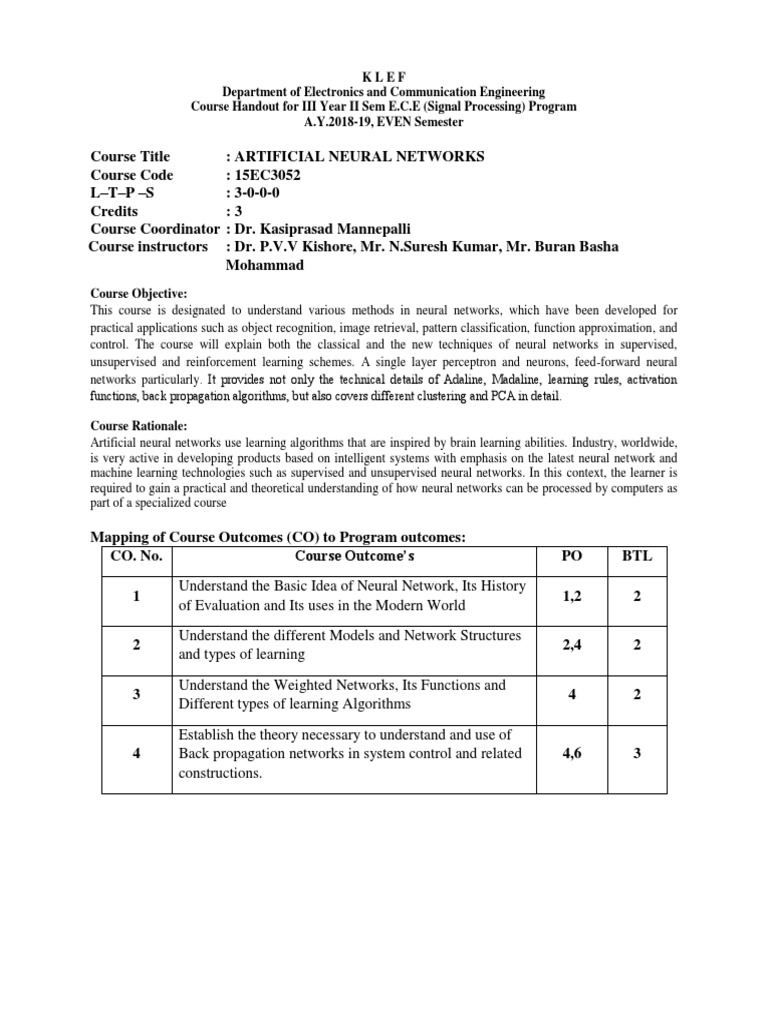 Artificial Neural Networks Kluniversity Course Handout | PDF ...