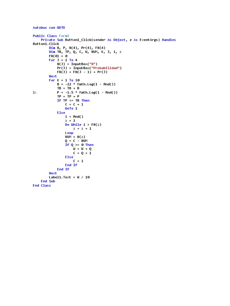 Autobus Con GOTO Public Class Private Sub As Object As Handles Dim Dim For To | PDF | Computer ...