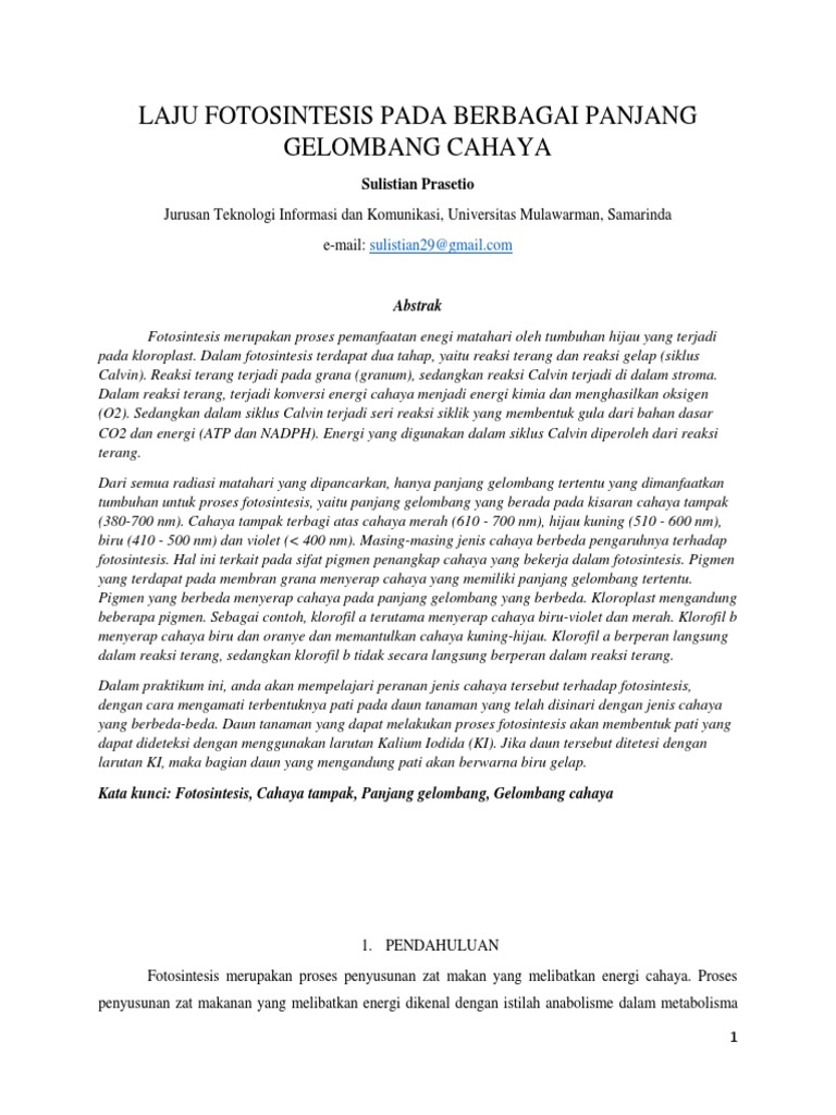 Laju Fotosintesis Pada Berbagai Panjang Gelombang Cahaya | PDF