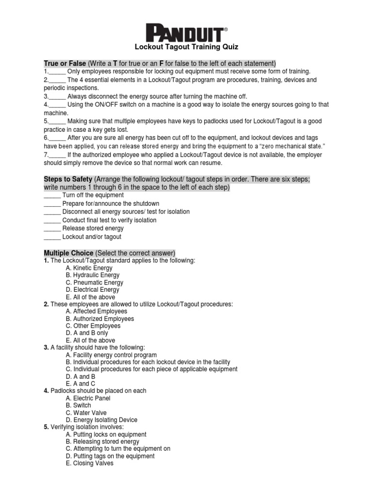 Panduit LOTO Training Quiz | PDF | Safety | Engineering