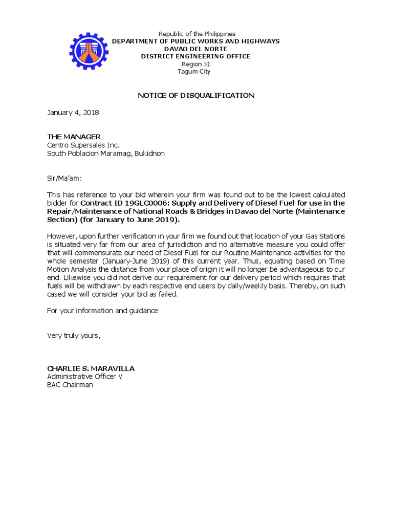 Notice of Disqualification: Department of Public Works and Highways ...