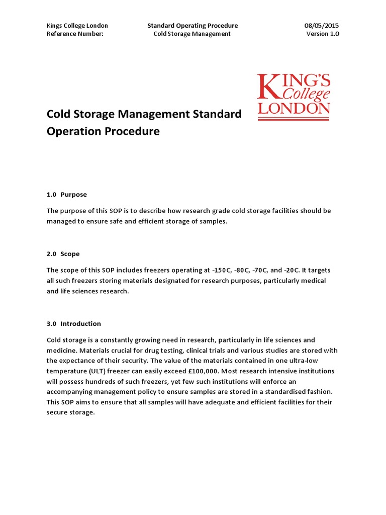 Cold Storage Management, Standard Operating Procedures | PDF ...